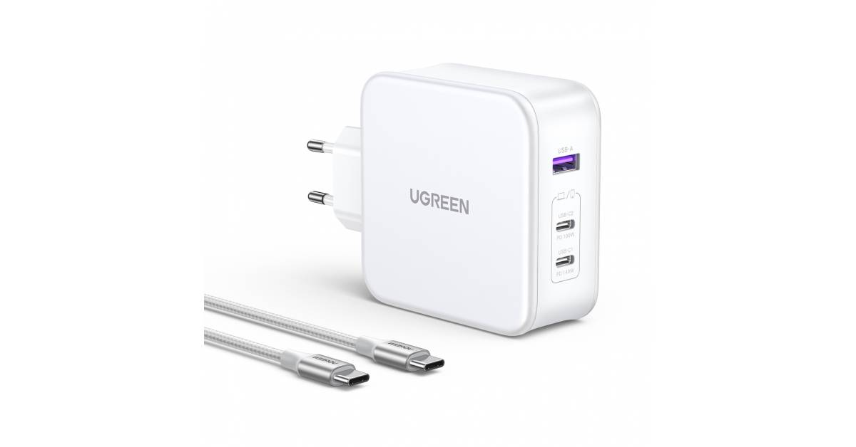 Ugreen Nexode GaN 3-port USB-C/USB 140W PD Mac-laddare med 1,5m USB-C-kabel - Vit - Mackablar.se